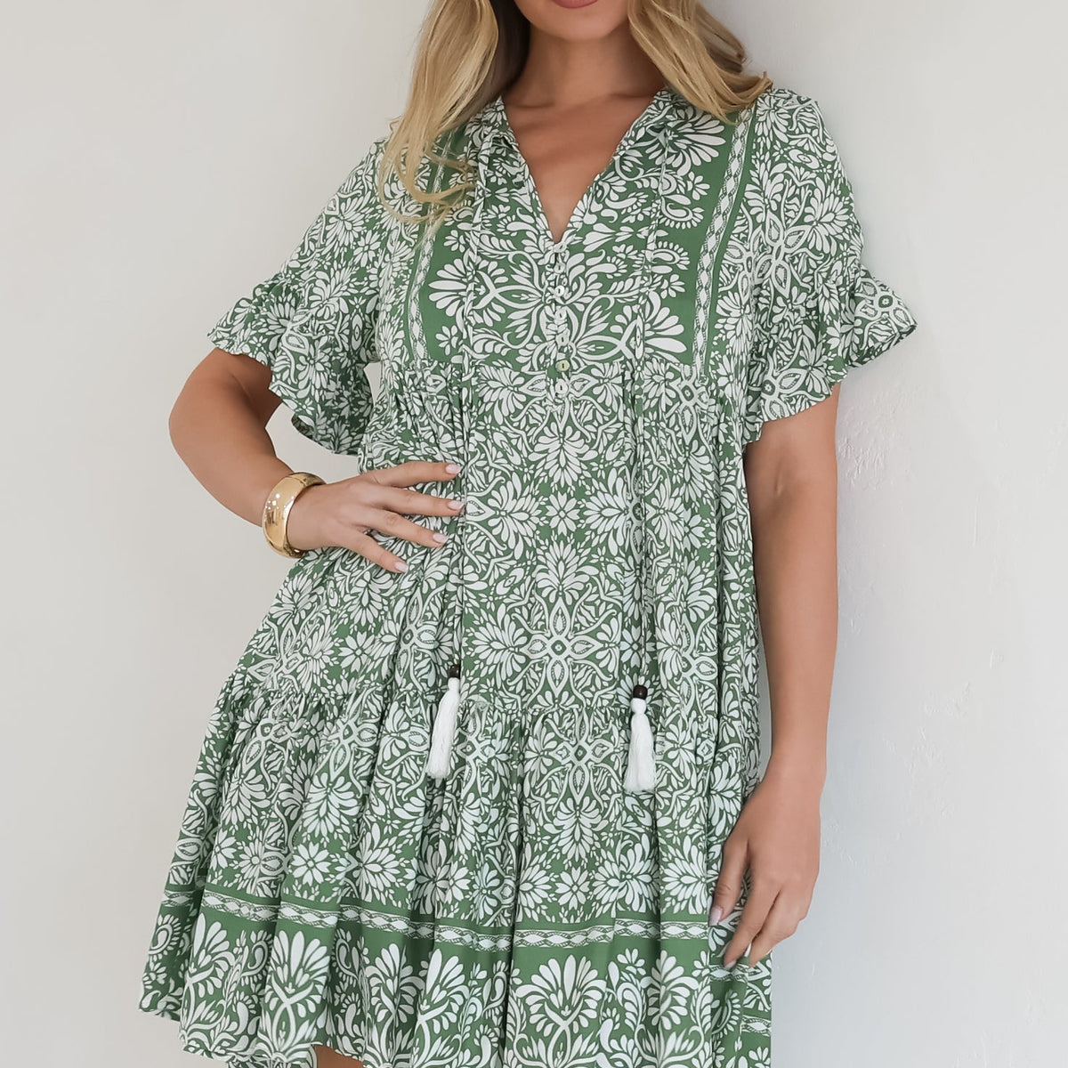 Abilia Mini Dress - Mandarin Collar Smock Dress in Harley Print Green – Salty Crush