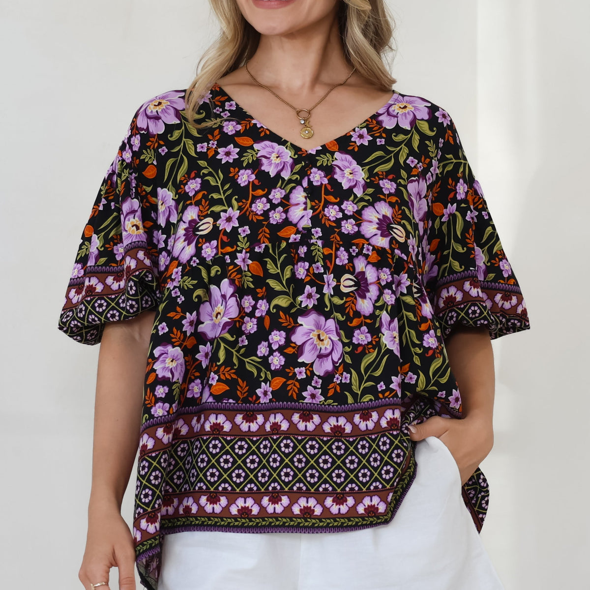Tops: Arlette Blouse - Violet Femme Print | saltycrush.com – Salty Crush