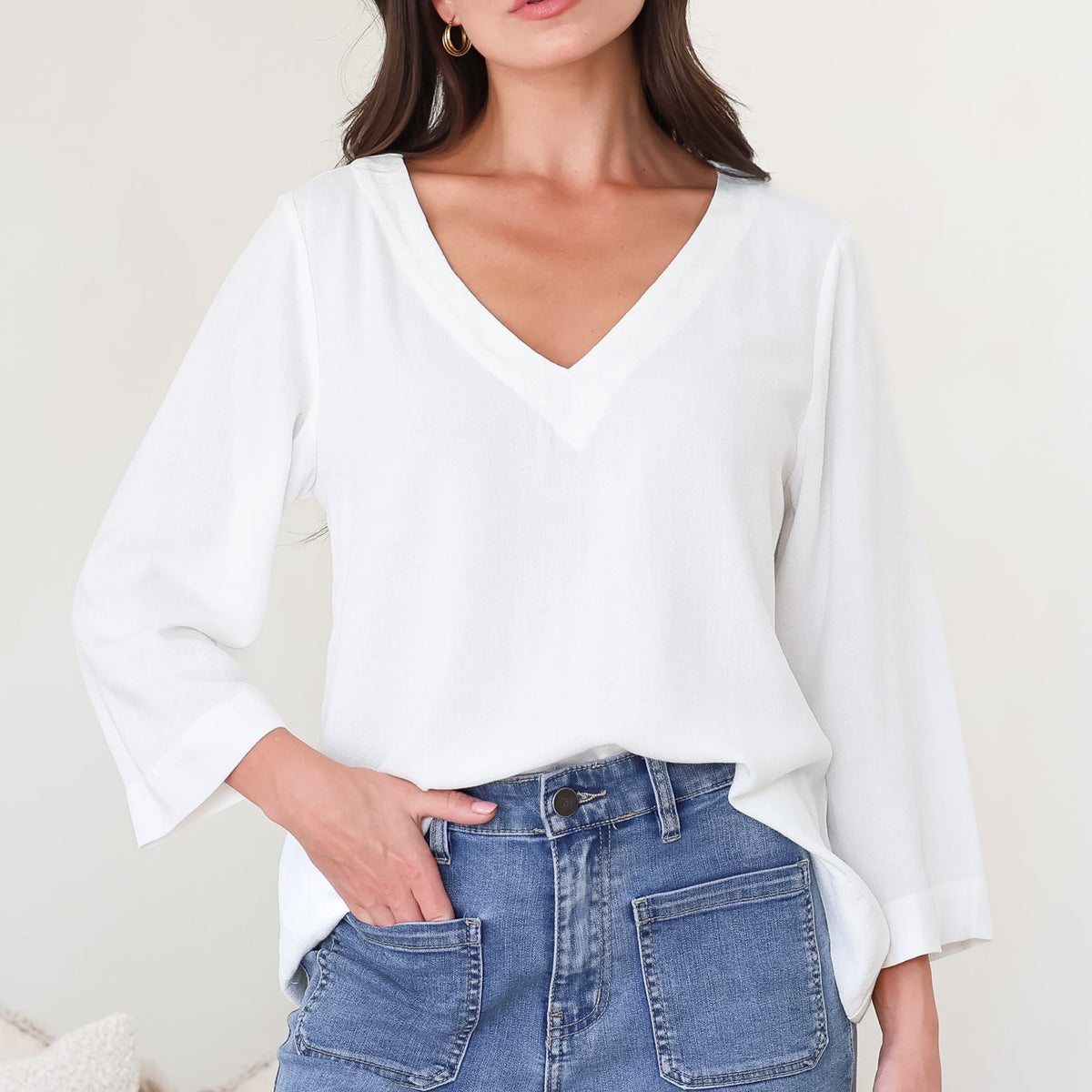 Breezer Top White | Long Sleeve V Neck Top | Salty Crush