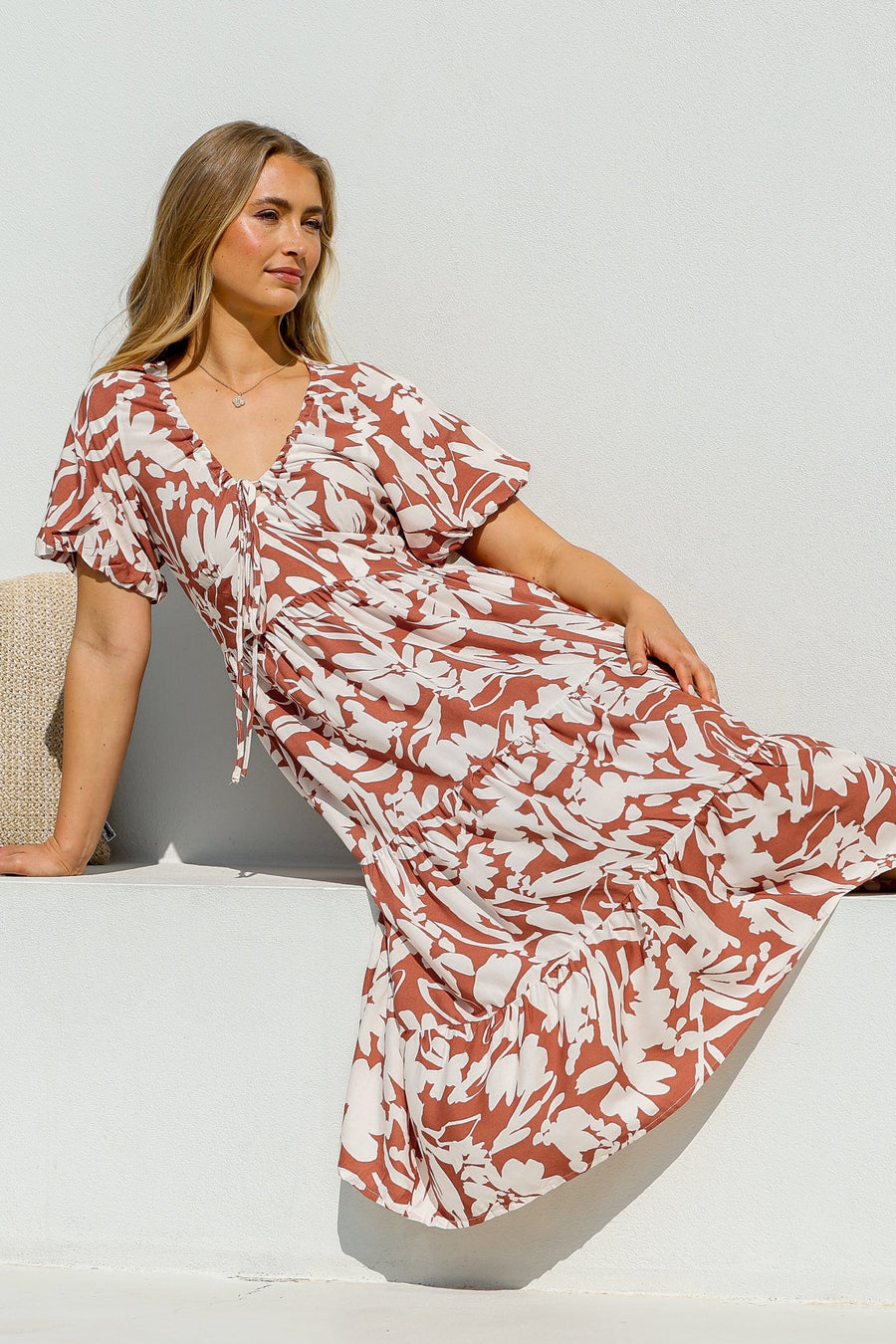 Shop the Charis Midi Dress in Rust at Salty Crush | Boho-Chic Fashion