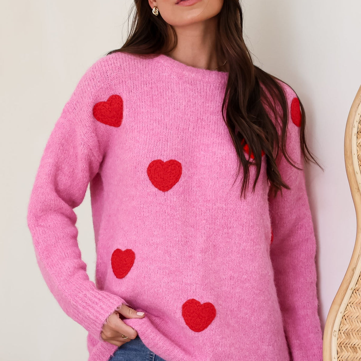 Ellie Heart Print Knit Jumper in Pink | Women's Knitwear | Salty Crush