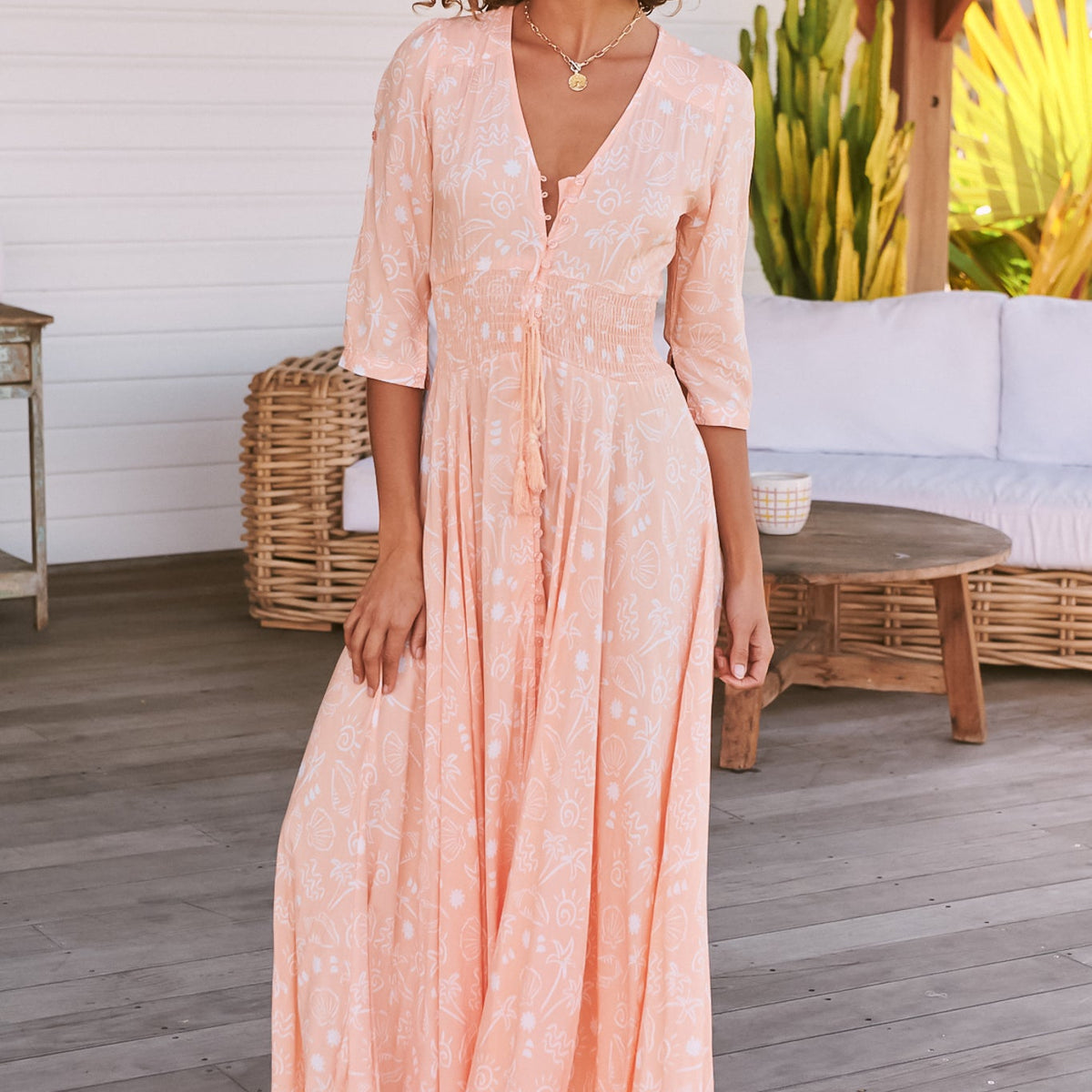 Indiana Maxi Dress Peach Island Print | Lace Back Boho - Salty Crush