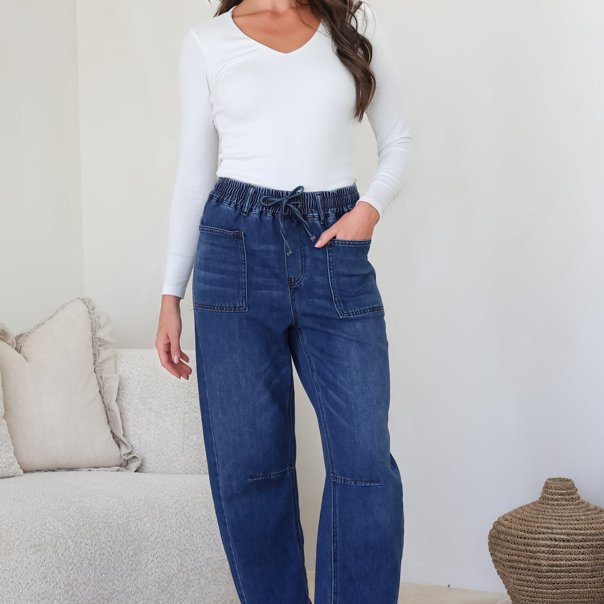 Lowen Barrel Jeans Dark Denim Elasticated Waist | Salty Crush