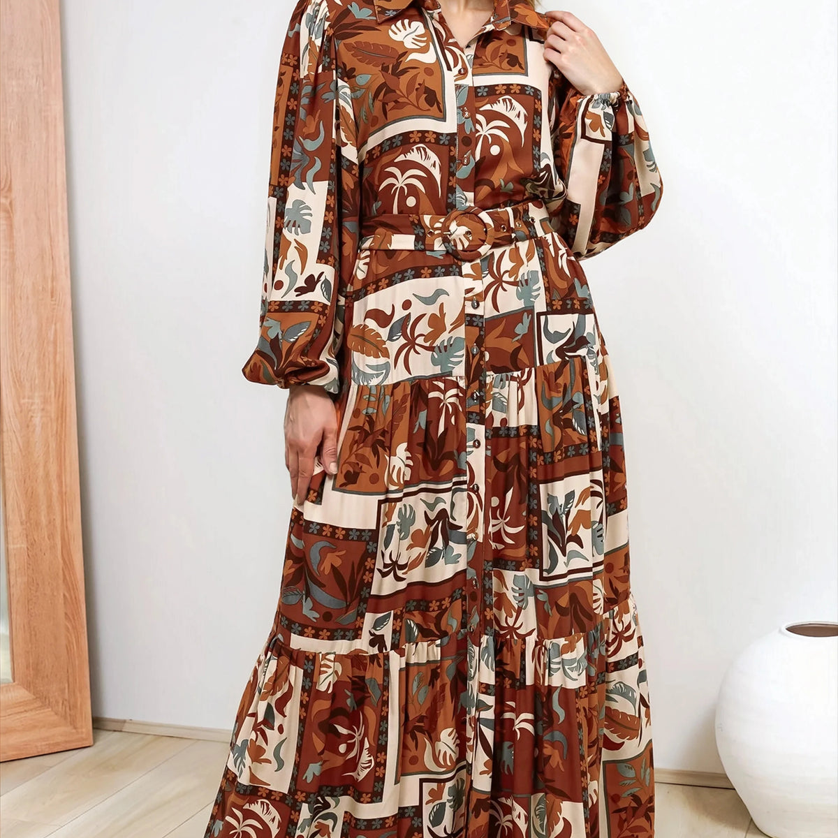 Luxley Maxi Dress Jaya Muse Print | Shirt Dress with Belt | Salty Crush