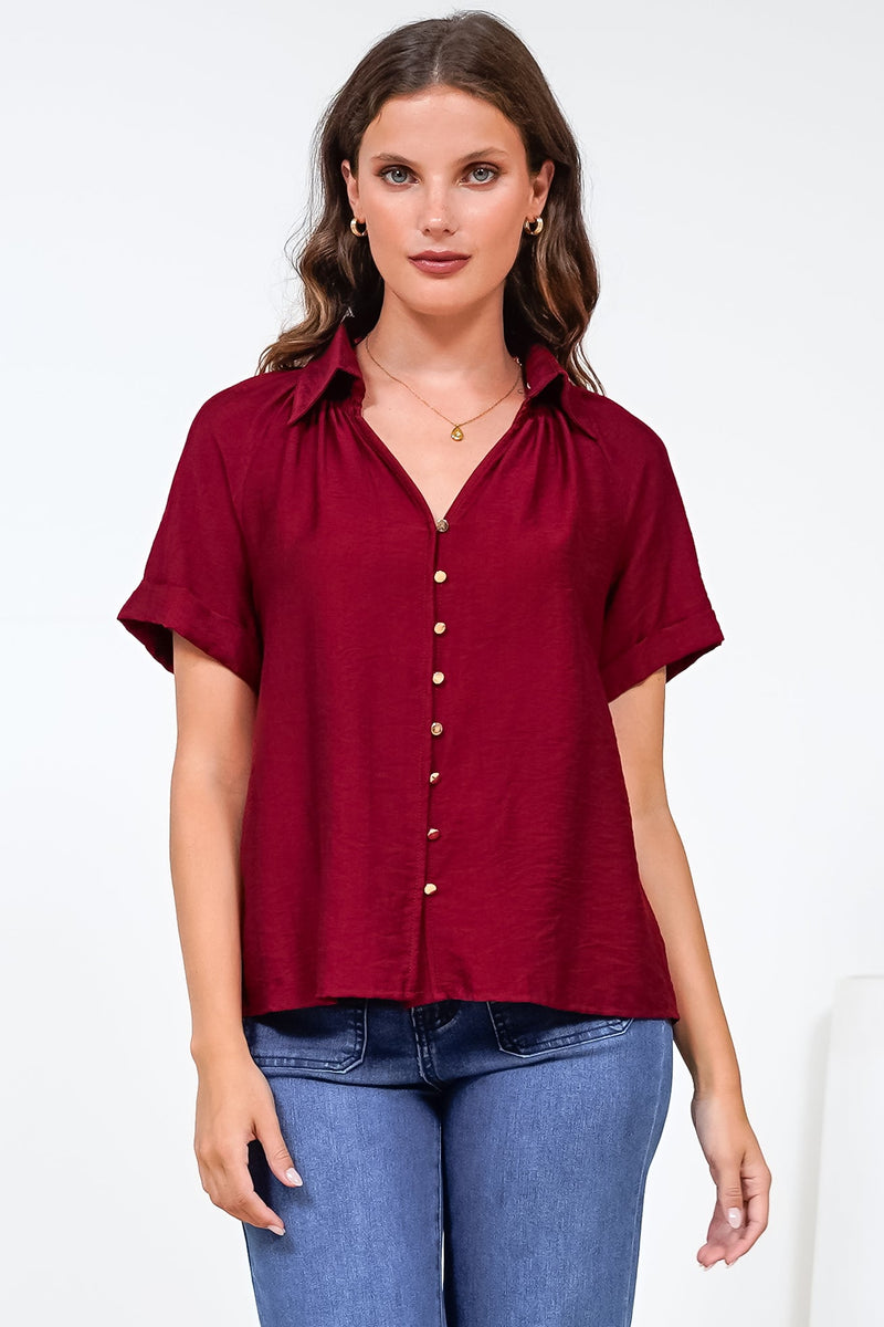 Madge Blouse in Wine | Classic Button-Front Blouse – Salty Crush